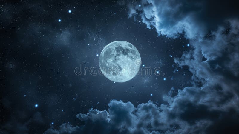 Full Moon in the Night Sky with Stars Surrounded by Dramatic Clouds ...