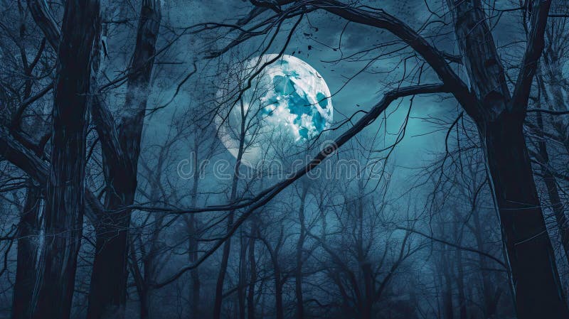 A Full Moon is Seen through a Forest of Trees Stock Photo - Image of ...