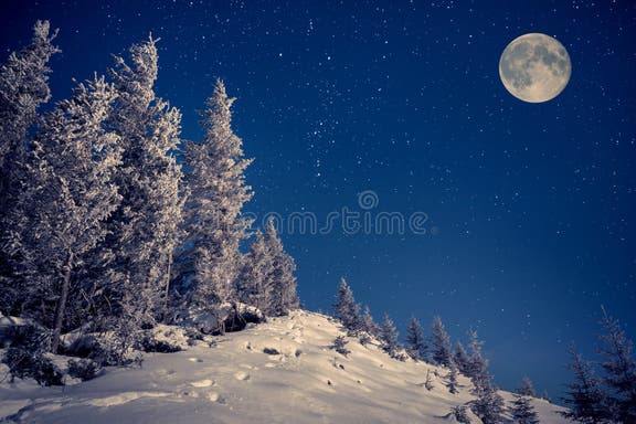 Full Moon in the Night Sky in Winter Mountains Stock Photo - Image of ...