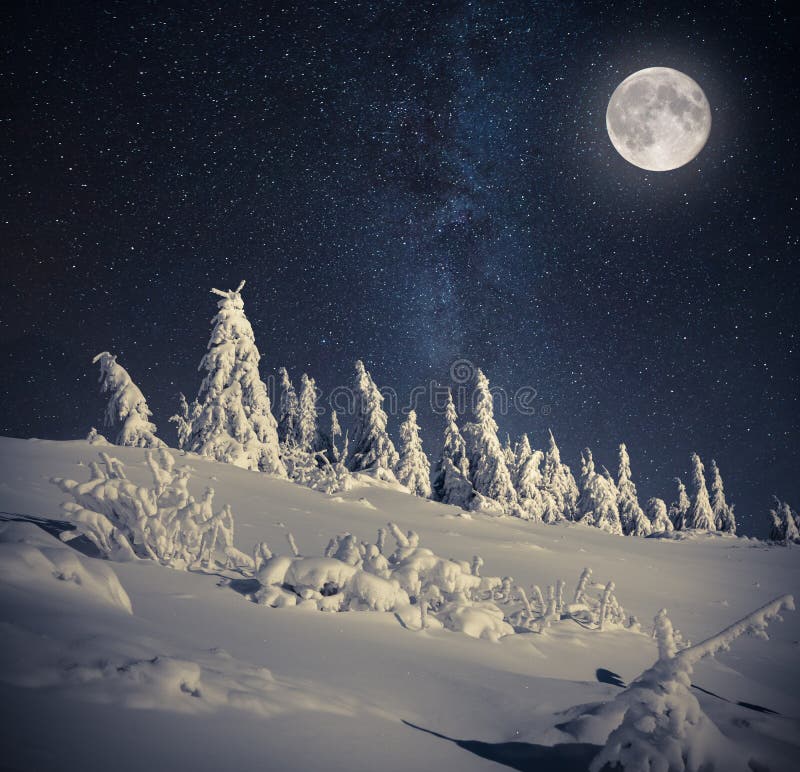 Snowy Mountains At Night With Moon