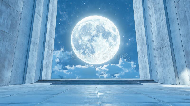 Full Moon Night View from Stone Building Stock Illustration ...