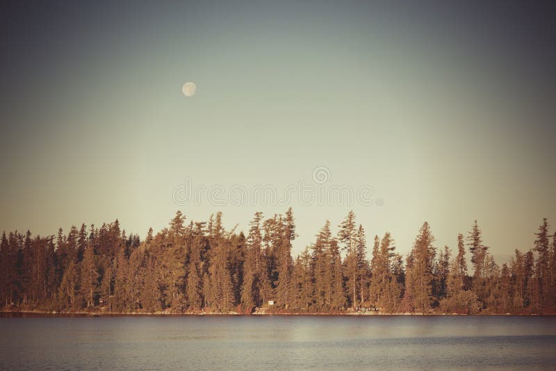 Full Moon Over Alpine Mountain Lake Stock Photo - Image of vintage ...