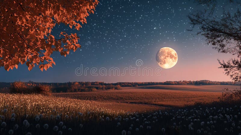 Full Moon Over Autumn Field at Night Stock Image - Image of mystical ...