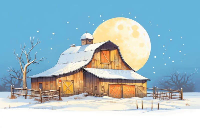 Full Moon Over Barn in a Snow-covered Field Stock Image - Image of ...