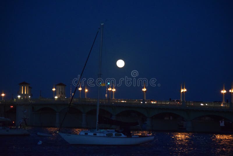 Full Moon Over Bridge Behind Sailboat Stock Photo - Image of water ...