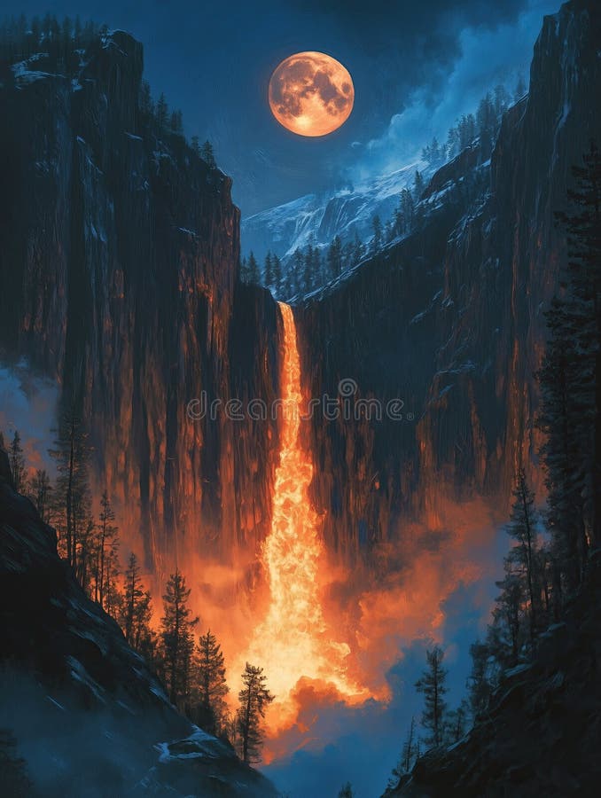 Full Moon Over the Burning Waterfalls of Yosemite, Hyper Realistic ...