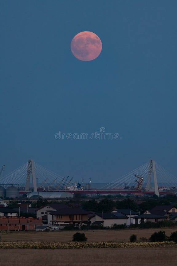 Full Moon Over Cable Bridge Stock Image - Image of moon, landscape ...