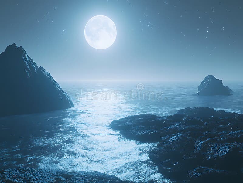 Full Moon Over Calm Ocean with Rocky Islands Stock Illustration ...