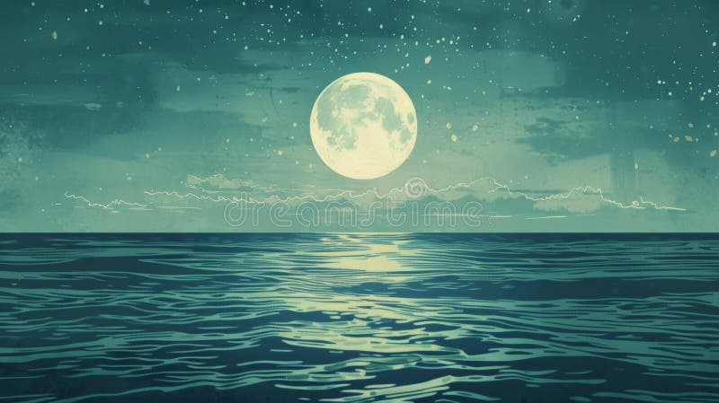 Full Moon Over Calm Sea - Digital Art Stock Image - Image of scene ...