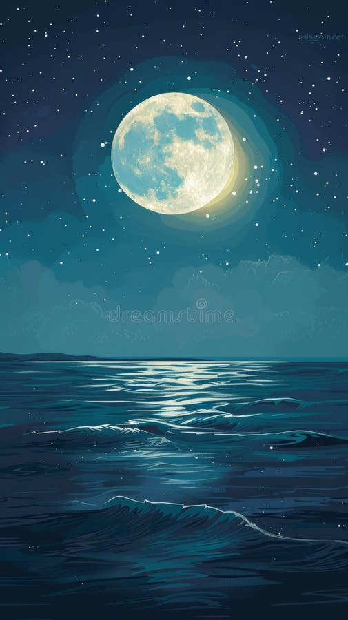 Full Moon Over Calm Sea at Night Stock Photo - Image of shimmering ...