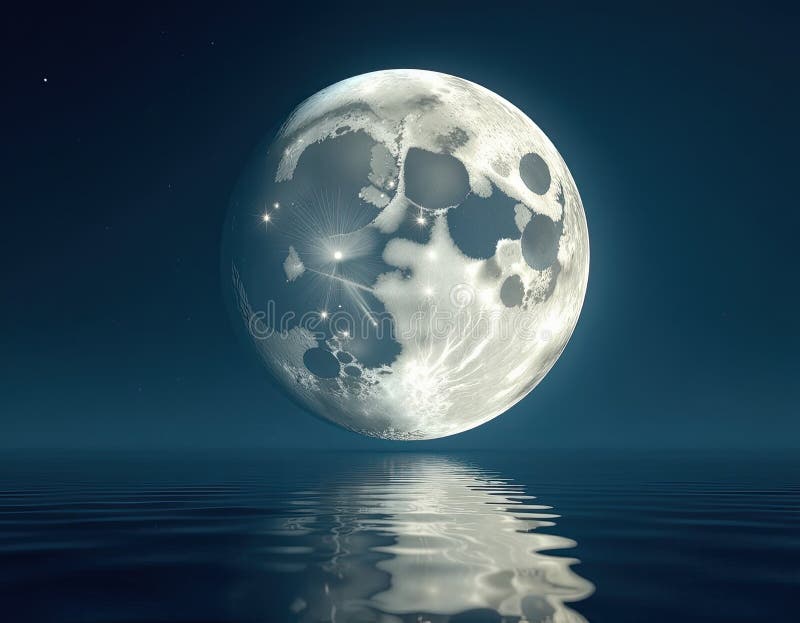 Full Moon Over Calm Water at Night - Mystical Celestial Landscape Stock ...