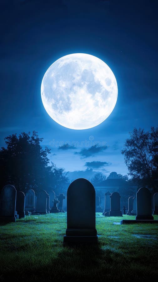 Full Moon Over a Cemetery Casting Shadows and Creating a Hauntingly ...