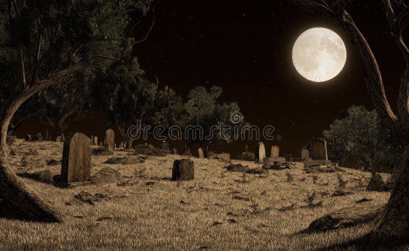 Full Moon Over a Cemetery with Old Trees Stock Illustration ...