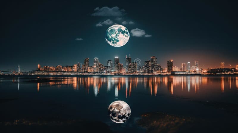 A Full Moon Over a City at Night. Generative AI Image. Stock ...