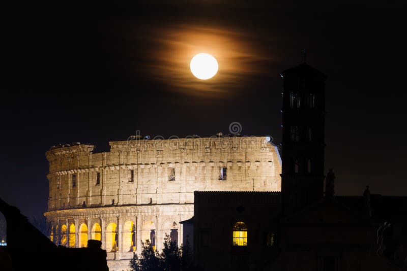 Full Moon Over the Coliseum Stock Photo - Image of illumination ...