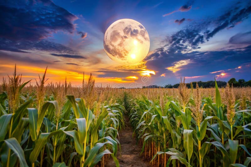 Full Moon Over Corn Field at Summer Night Stock Illustration ...