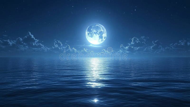 Full Moon Over Dark Blue Ocean at Night Stock Illustration ...