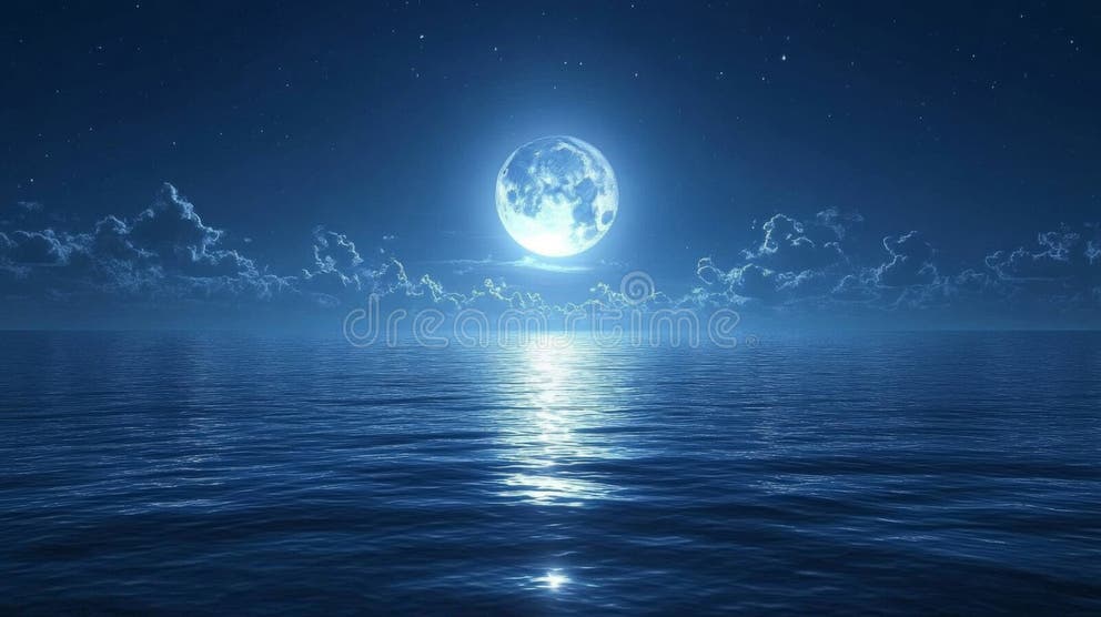 Full Moon Over Dark Blue Ocean at Night Stock Illustration ...