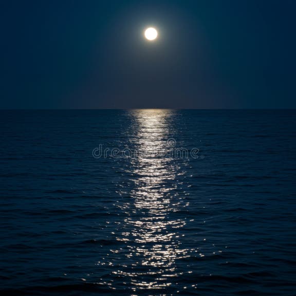 Full Moon Over Dark Blue Ocean at Night Stock Illustration - Illustration of tranquil ...