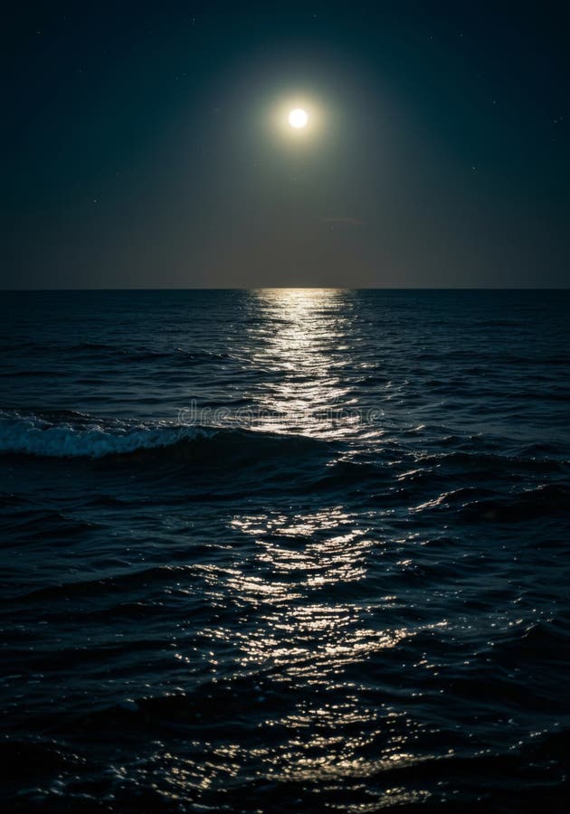 Full Moon Over Dark Blue Ocean at Night Stock Illustration ...