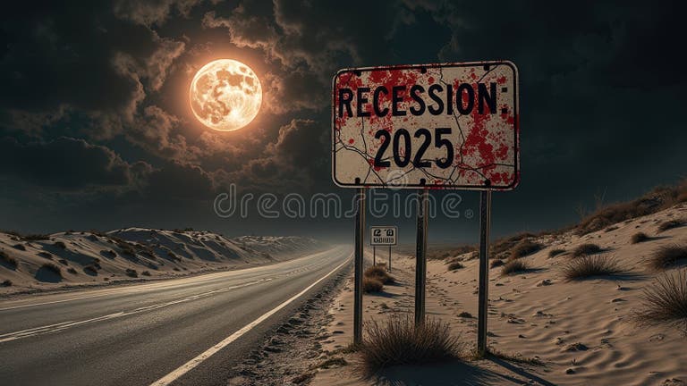 Full Moon Over Desert Road with Recession 2025 Sign Stock Image - Image ...