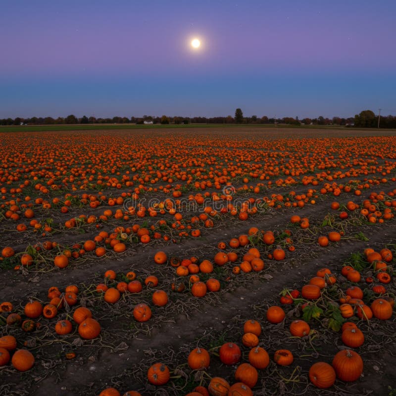 Full Moon Over a Field of Pumpkins at Night Stock Illustration ...