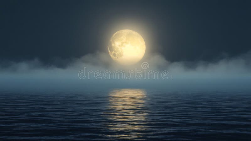 Full Moon Over Foggy Ocean at Night Stock Illustration - Illustration ...