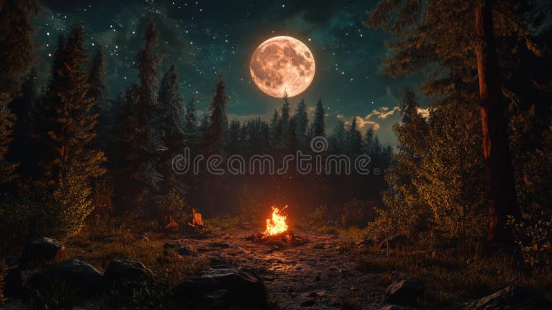 Full Moon Over Forest Campfire Under Starry Sky at Night Stock Photo ...