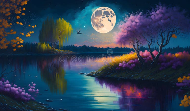 Full Moon Over the Forest Lake. 3d Rendering Stock Illustration ...
