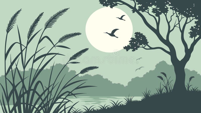 Full Moon Over Forest, Serene Night Landscape, Vector Design Generative ...