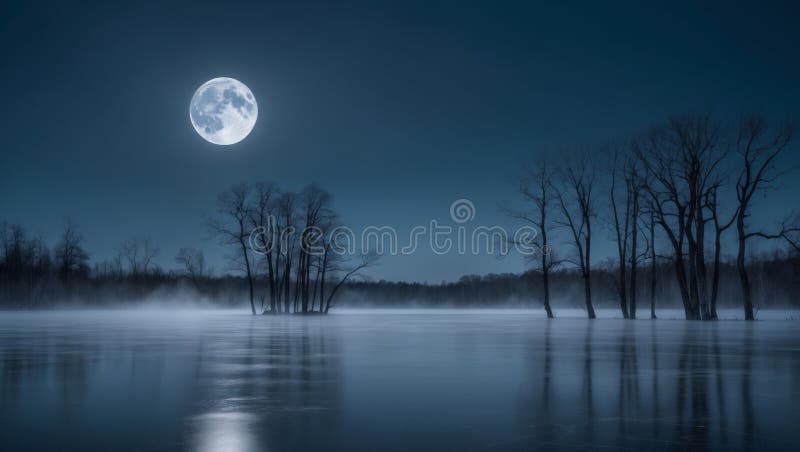 Full Moon Over a Frozen Lake with Bare Trees. Stock Photo - Image of ...