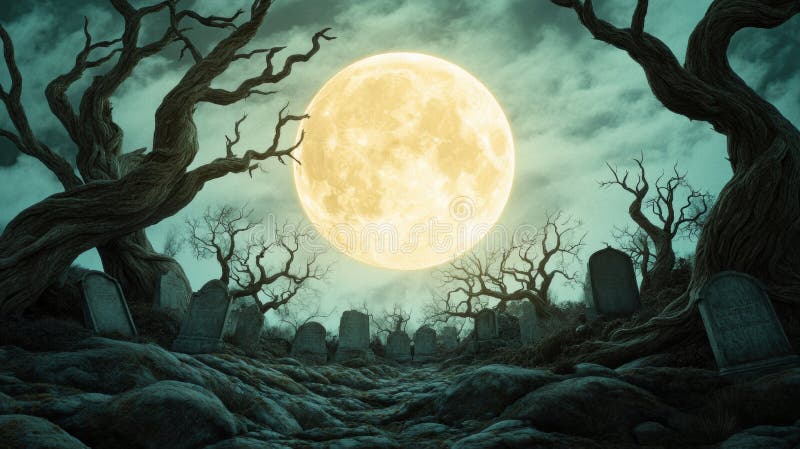 A Full Moon Over a Graveyard with Trees and Tombstones, AI Stock Photo ...