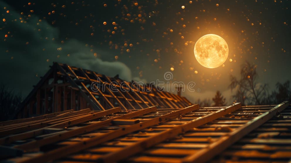 Full Moon Over House Construction at Night. Stock Photo - Image of ...
