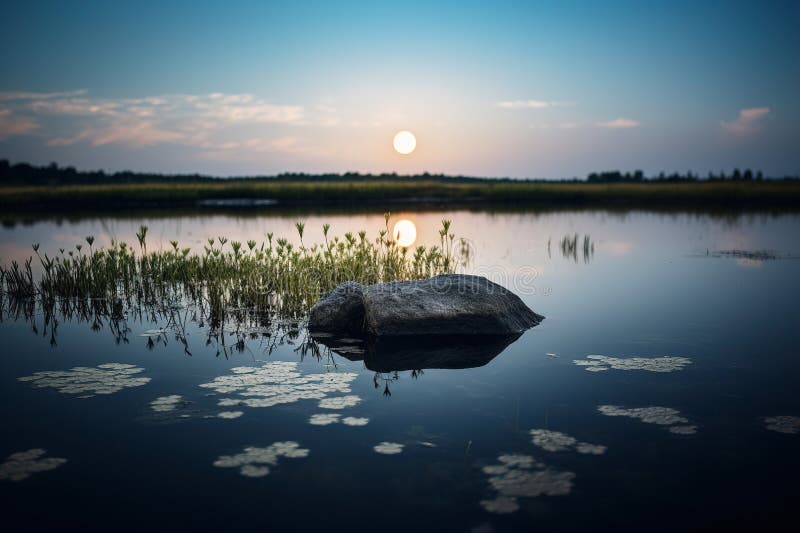 Full Moon Over the Lake. Lunar Landscape. Generative AI Stock ...