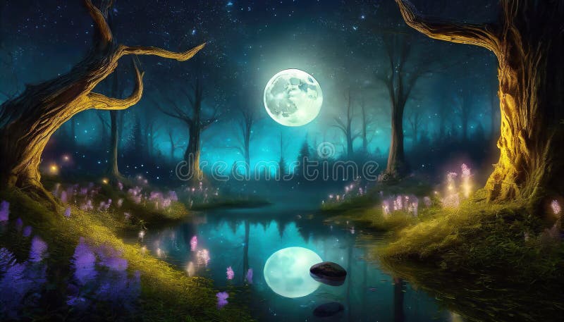 Full Moon Over Lake with Magical Forest Stock Illustration ...