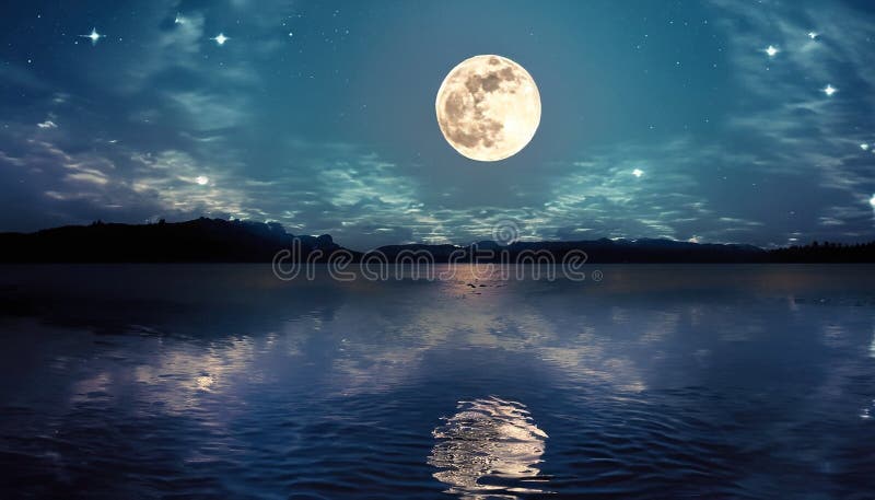 Full moon over lake stock illustration. Illustration of midnight ...
