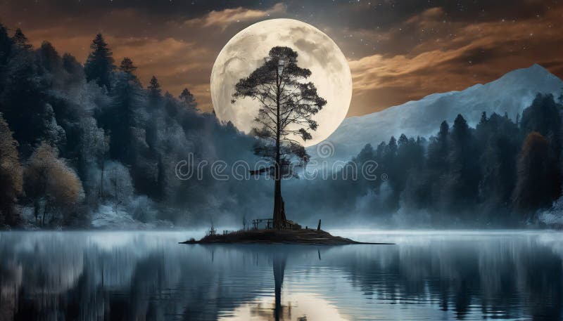 Full Moon Over The Lake With Tree And Red Sky Ai Generated Stock