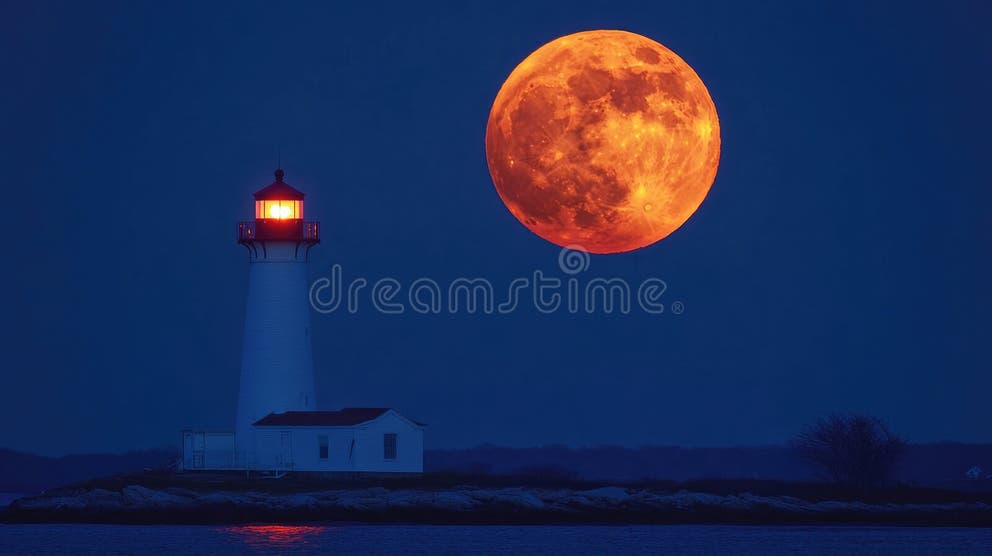 Full Moon Over a Lighthouse Stock Image - Image of marine, moon: 378241797