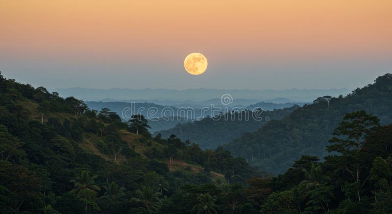 Full Moon Over Lush Green Mountains at Sunset Stock Illustration ...