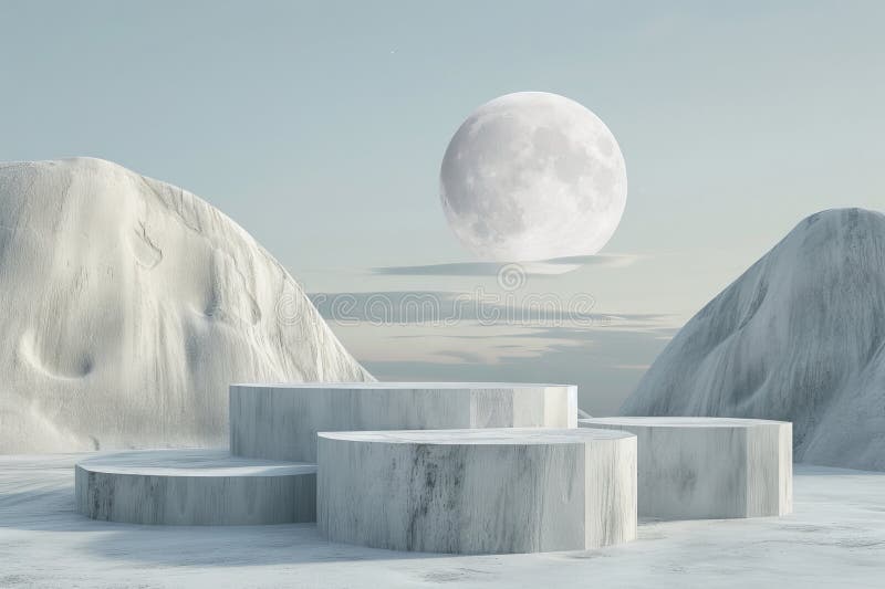 Full Moon Over Minimalist Arctic Landscape with Benches Stock ...