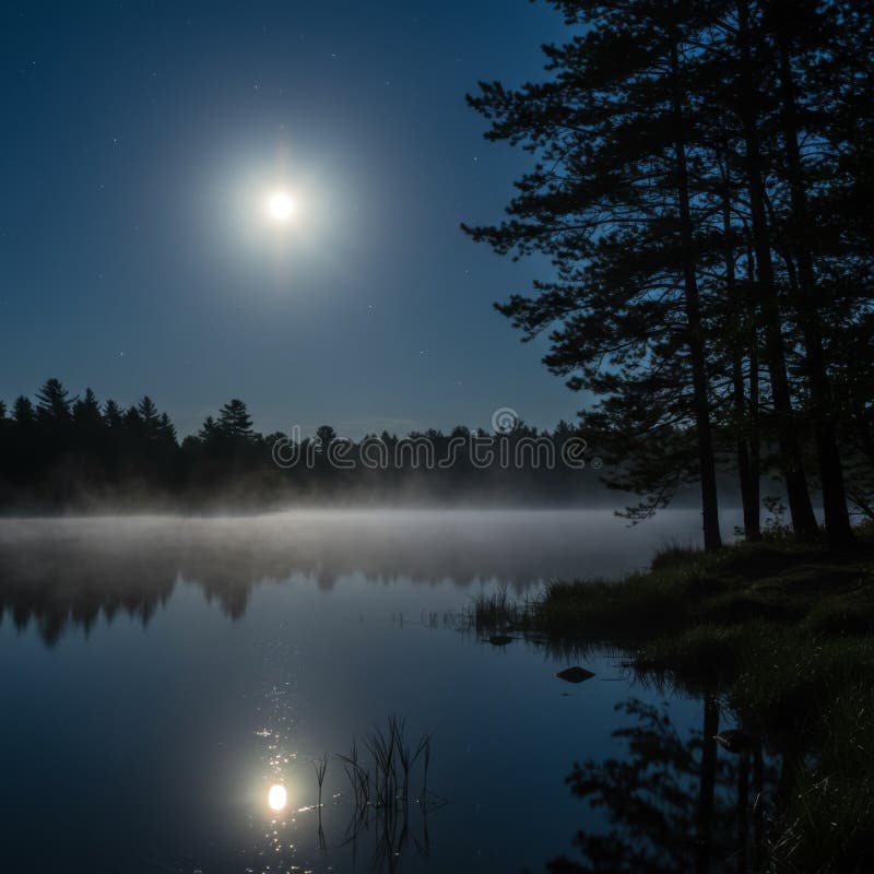 Full Moon Over Misty Lake at Night Stock Illustration - Illustration of ...