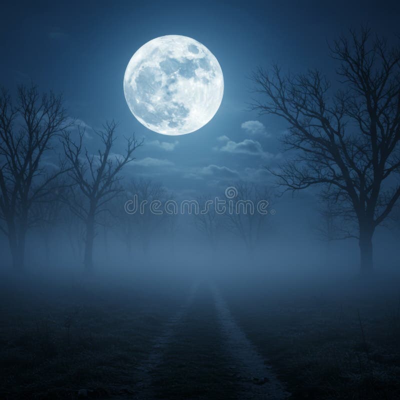 Full Moon Over Misty Path in a Dark Forest Stock Illustration ...