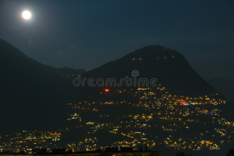 Full Moon Over Mount Bre at Lugano in Switzerland Stock Photo - Image ...