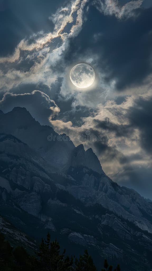 Full Moon Over Mountain Peaks with Dramatic Clouds Stock Photo - Image ...