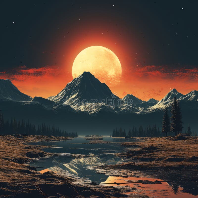 A Full Moon Over a Mountain Range with Water and Trees Stock ...