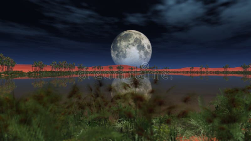 Full Moon Over Oasis 3d Render Stock Illustration - Illustration of ...