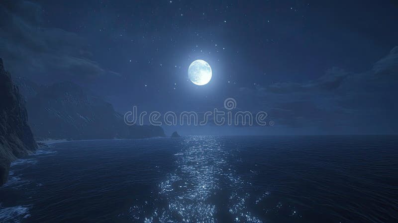 Full Moon Over Ocean at Night Stock Illustration - Illustration of ...