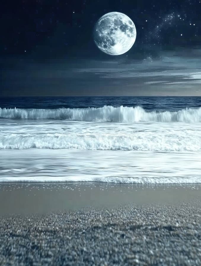 A Full Moon Over the Ocean at Night with a Beach in the Foreground ...