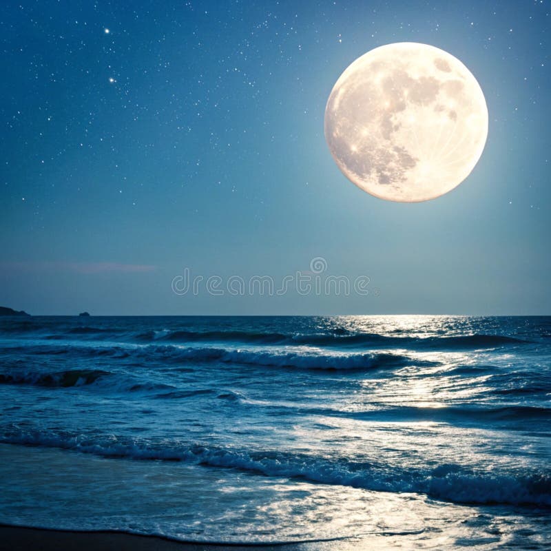 Full Moon Over the Ocean at Night Stock Illustration - Illustration of ...