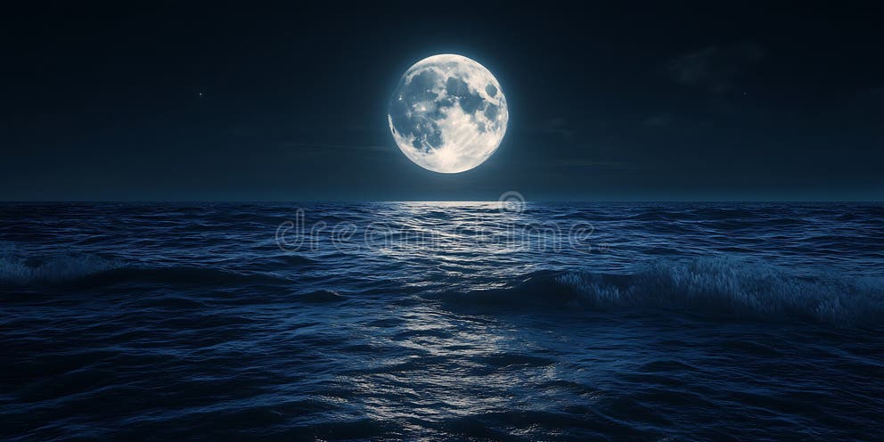 Full Moon Over Ocean: Night Sky Background Stock Illustration ...